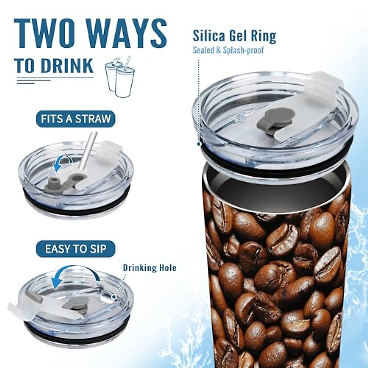 QWEUIOP 20oz Insulated Travel Coffee Mug Coffee Beans Pattern Stainless Steel Tumbler with Lid Double Wall Vacuum Coffee Cup For Hot and Cold Drinks14113