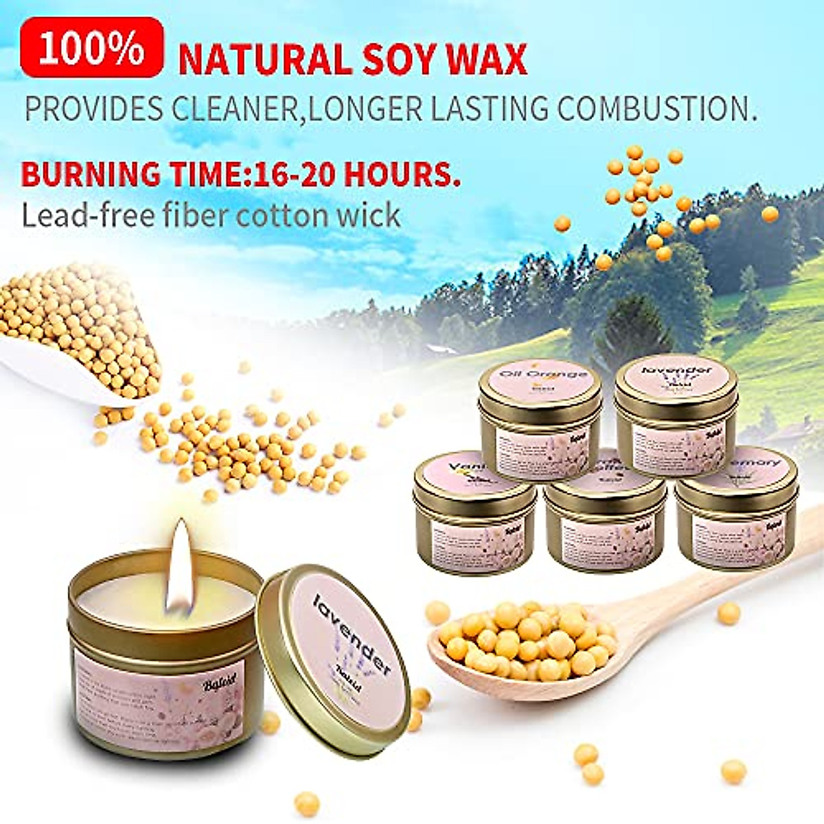 Baleid Flower Scented Candles Gift Set of 6 Pack Bulk, Natural Soy Wax 2.9 OZ Jar Portable Travel Small Tin for Men Women 7% Pure Grade Fragrance Essential Oils Stress Relief Aromatherapy Home Yoga