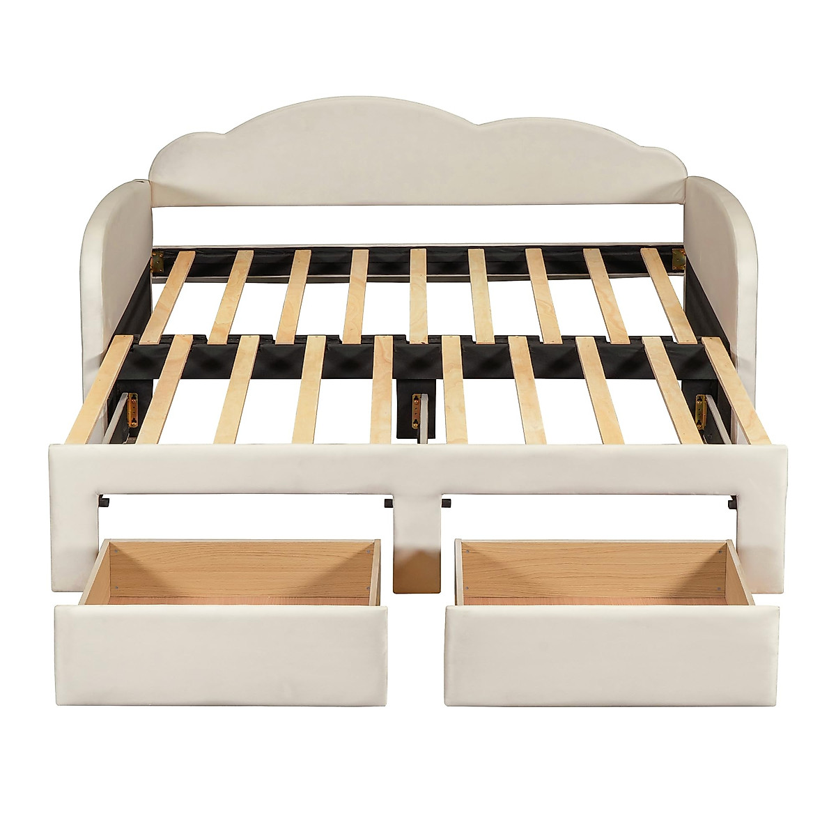 Twin Size Daybed with Storage Drawers, Extending Upholstered Sofa Bed with Trundle, Twin to King Design Sleeper Sofa with Cloud-Shaped Backrest for Living Room Apartment, Beige