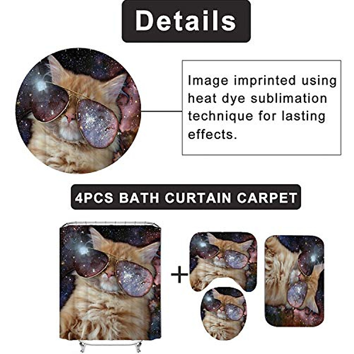 4PCS Space Cat Shower Curtain Sets with Rugs,Cute Cat wear Galaxy Glasses, Kids Bathroom Decor Non-Slip Bathroom Mat Bath Mat Toilet Rug,with 12 Hooks,72X72 Inch,Yellow Cat
