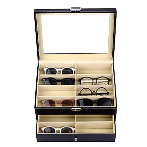 Siveit 16 Slot Sunglass Organizer Leather Eyeglasses Collector Eyewear Display Case Storage Box, Black