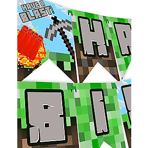 Gaming Pixel Blast Happy Birthday Banner - Pixel Party Supplies - Miner Party Decorations - Blast