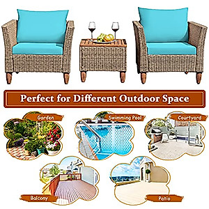 Tangkula 3 Piece Patio Furniture Set, Outdoor Wicker Rattan Bistro Sofa Set w/Washable Cushion, Acacia Wood Top Coffee Table, Conversation Set w/Adjustable Feet for Balcony Backyard Porch (Turquoise)