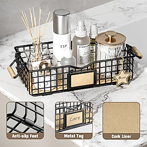 Qcold Bathroom Organizers and Storage, 3 Pack Storage Baskets for Shelves, Multipurpose Closet Storage Bins with Wooden Handle, Decor Organizer Basket Set for Bathroom, Laundry, Living Room - Black