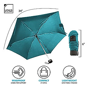 Lewis N. Clark Portable Mini Travel Umbrella, Windproof & Water Repellent Fabric, Manual Opening, 1 Year Warranty, Black