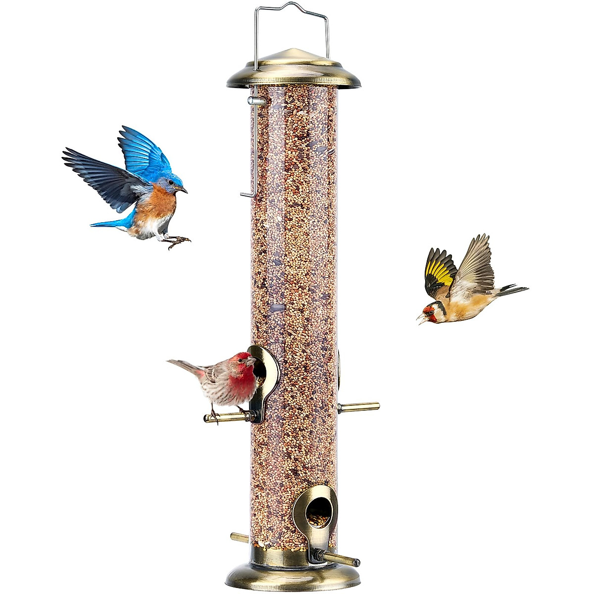 Kingsyard Metal Bird Feeders for Outdoors Hanging, Extra Thick Tube Bird Feeder w/Steel Hanger & 4-Port, 15 inch, Chew-Proof, Weather and Water Resistant, Brushed Bronze