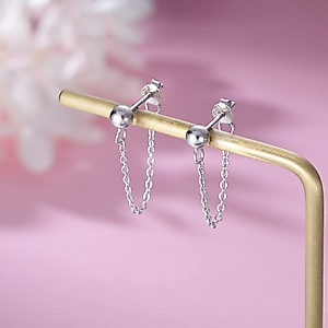 Reffeer Minimalist Ball Earrings with Chain Dangle Earrings for Women Teens Girls Dangle Earrings Studs Cute Solid 925 Sterling Silver Earrings(Silver)