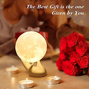 Mydethun 3D Moon Lamp with Ceramic Base, Mothers Day Gift, LED Night Light, Mood Lighting with Touch Control Brightness for Women,Home Décor, Bedroom, Kids Birthday, 3.5 Inch - White & Yellow