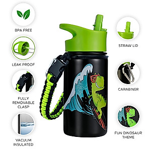 Dinosaur Water Bottle, 14 OZ, Leak Proof, 36 Hours Cold, Dishwasher Safe Lid, Removable Handle, Wide Mouth Double Wall Vacuum Insulated Stainless Steel Water Bottle For School, Straw, Bottle For Boys