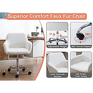 Home Office Desk Chair Height Adjustable - Faux Fur Desk Chair Wheels Swivel Rolling Office Chair, Modern Cute Computer Task Chair, Accent Chair Fluffy Desk Chair White Vanity Chair for Women, Girls