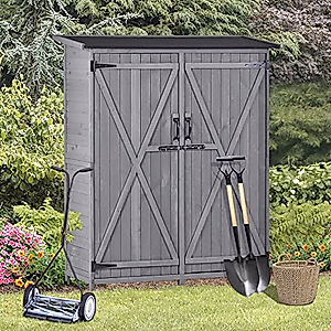 GLIFRON 5.3ft Hx4.6ft L Wood Storage Shed Tool Organizer with 3-Tier Removable Shelves, Storage Cabinet with Waterproof Roof and 2 Lockable Doors & Handles, for Outdoor, Backyard, Gardern, Gray