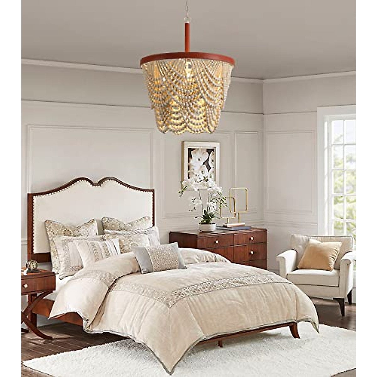 Q&S Boho Wood Beaded Chandelier,Large 5-Lights Farmhouse Coastal Bohemia Chandeliers for Dining Room Living Room Foyer Kitchen Island Restaurant UL Listed Assembly Complete W20