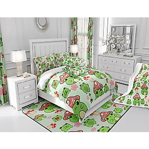 Mushroom Frog Duvet Cover Set Twin Size Cute Mushroom Bedding Set 2pcs for Kids Girls Boys Bedroom Decor Cartoon Animals Plants Comforter Cover Pink Green Quilt Cover,1 Pillowcase