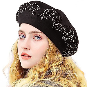 LADYBRO Barre Hat Wool Beret Hats for Women Rhinestone Womens Hats and Caps Winter Black