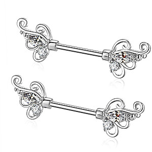 Gabry&jwl 2Pcs Vintage Flower Nipplerings 14G Stainless Steel Straight Barbell Nipple Ring Floral Filigree Inlay Cubic Zirconia Butterfly Wings Nipple Piercing for Women(Silver)