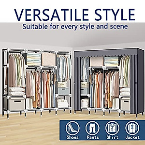 LOKEME Portable Closet, 67 Inch Wardrobe Closet for Hanging Clothes with 4 Hanging Rods, 25mm Steel Tube Clothes Storage Organizer for Extra Sturdy, Quick and Easy to Assembly, Gray Cover