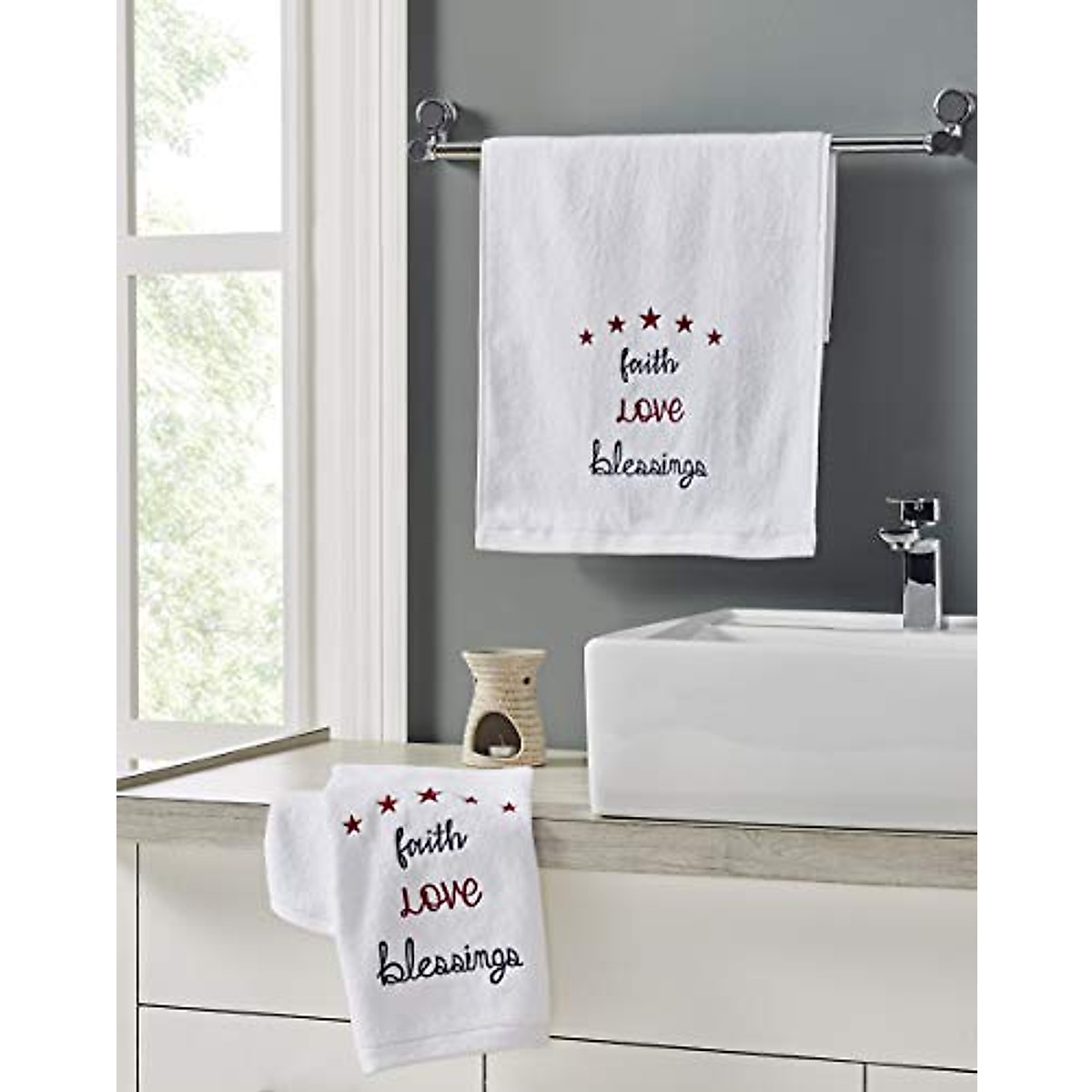 VCNY Home Patriotic White Hand Towels: Luxury Soft Absorbent Terry Cloth Embroidered American Sentiments: Faith Love Blessings, 16" by 28" Inch, 2 Piece