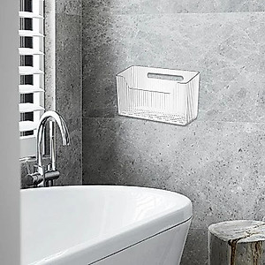 Adhesive Shower Caddy - Shower Shelves - Wall Mounted Small Storage Organizer Box - Plastic Basket, Bottom Open Drains Water, No Drilling, for Bathroom, Pantry, Kitchen, Laundry, Utility Room