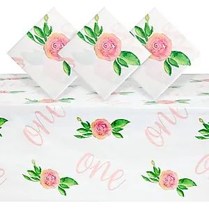 Juvale 3 Pack One Tablecloth for Girls Floral 1st Birthday Themed Party Decorations, Plastic Table Covers (54 x 108 in)