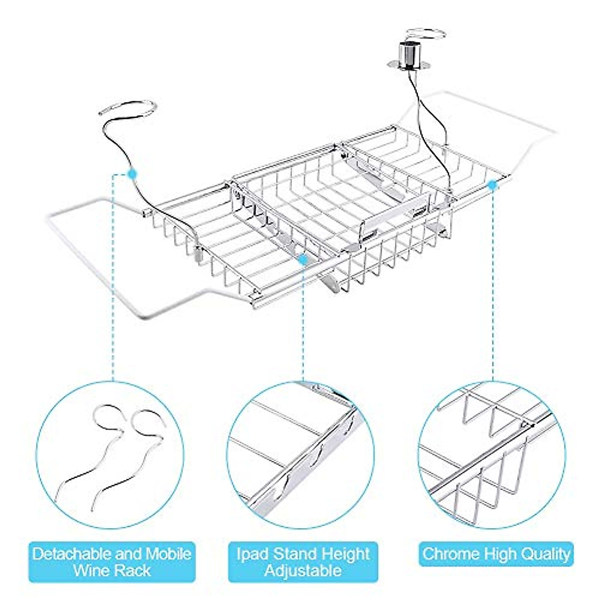 Bathtub Caddy Tray, Stainless Steel Shower Bathtub Caddy Storage Organizer Over Bathtub Racks Expandable Bath Organizer Tub Shelf with Extending Sides and Removable Wine Glass Book Holder