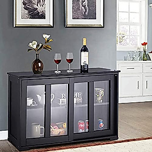 FANTASK Kitchen Storage Cabinet Sideboard, Stackable Buffet w/Height-Adjustable Shelf & 2 Glass Sliding Doors, Accent Console Table for Kitchen Dining Living Room Hallway Office (Black)