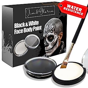 Jim&Gloria Black and White Face Paint + Painting Brush + UV Glow Tattoos, Sweatproof & Water Resistance Paints, Professional Palette Makeup Kit for Halloween SFX Costume Skeleton Clown Joker Mime