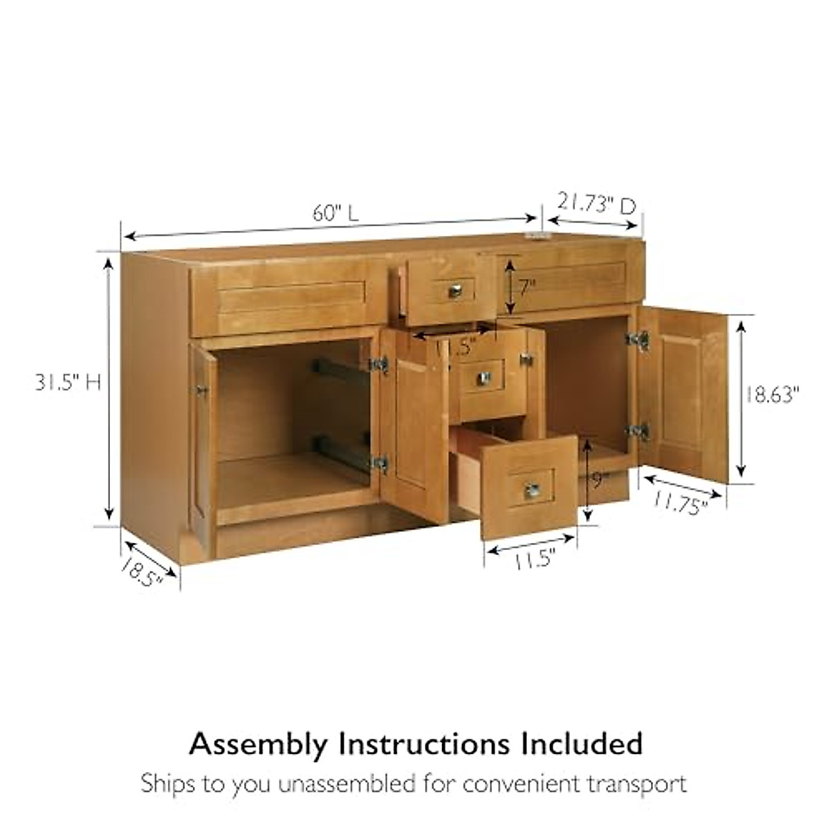 Design House Brookings 60 Inch Bathroom Vanity, Ready to Assemble, Modern Birch, 599019-MBH