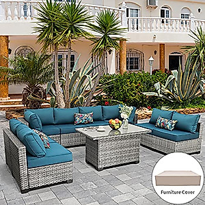 Rattaner Patio Furniture Sectional Sofa Set 9 Pieces Outdoor Wicker Furniture Couch Storage Glass Table with Thicken(5") Anti-Slip Peacock Blue Cushions Furniture Cover