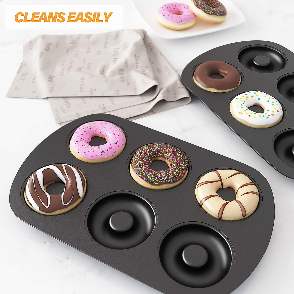 Tiawudi Non-Stick 6-Cavity Donut Baking Pans, Makes Individual Full-Sized 3 1/4" Donuts, Set of 2