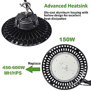 480V 150W UFO LED High Bay Lights, 24000LM, 0-10V Dimmable, 500W HID/HPS Replacement, 5ft Cable, IP65, Hook Mount, Shop Lights, Garage, Factory, Warehouse, Workshop, Area Light