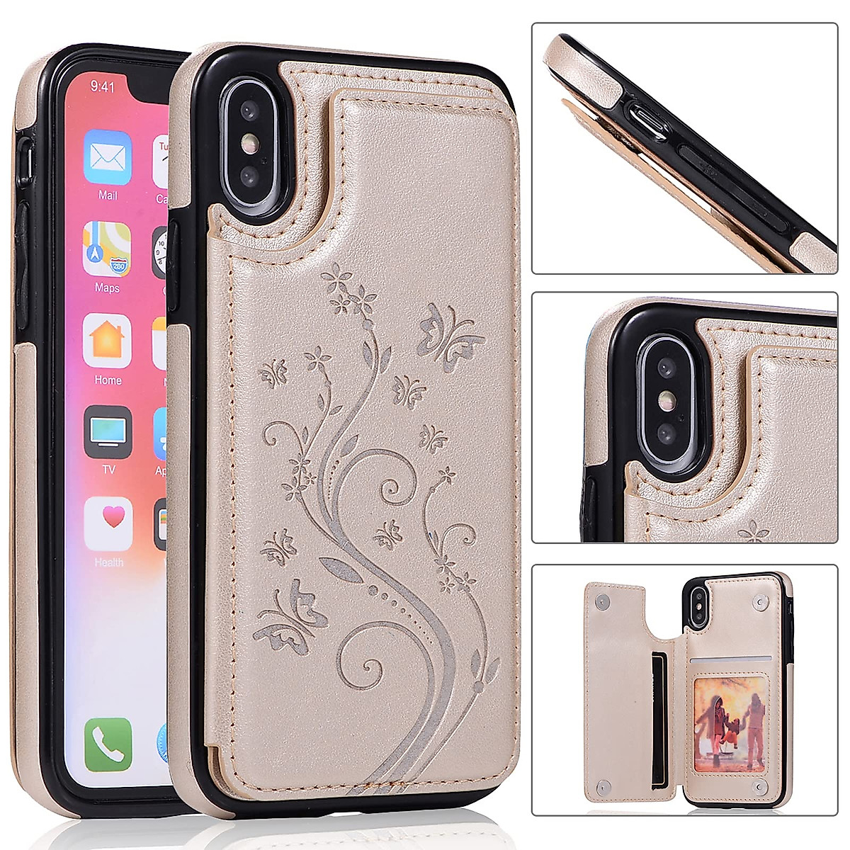 Phone Case for iPhone Xs X 10 10s with Tempered Glass Screen Protector Card Holder Wallet Cover Stand Flip Leather Cell iPhoneX iPhoneXs iPhone10 i PhoneX SX 10x 10xs X’s Cases Women Golden