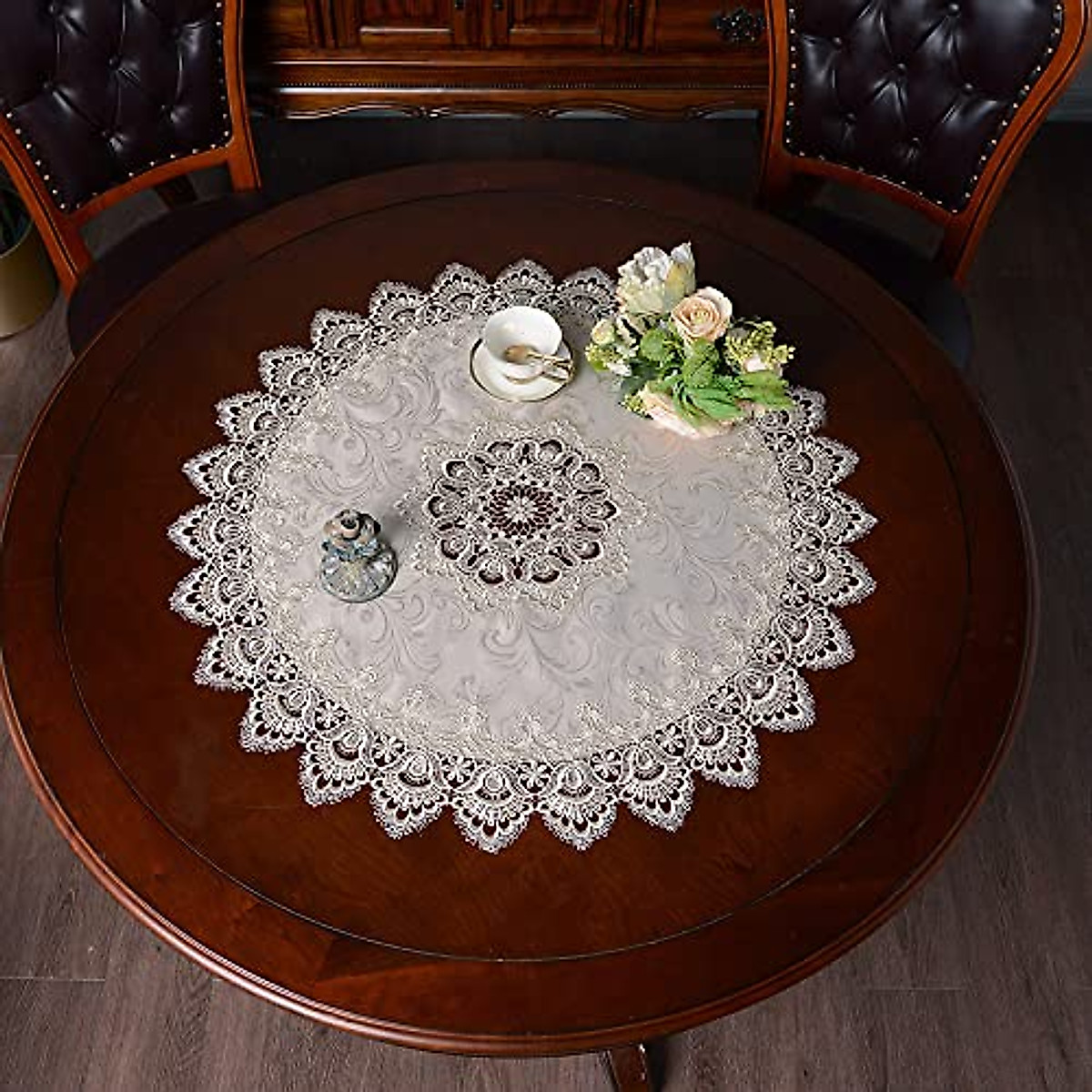 ARTABLE Lace Small Table Cloth Fall Christmas Macrame Tablecloth Table Topper for Thanksgiving Outdoor Farmhouse Rustic Kitchen Party Birthday Picnic (Stone, 31 Inch Round)