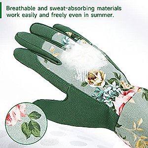 WANCHI Gardening Gloves, Durable and Comfortable Women's Long Garden Gloves for Gardening Work and Yard Work, Leather Gardening Gloves for Women, Green Print (Medium)