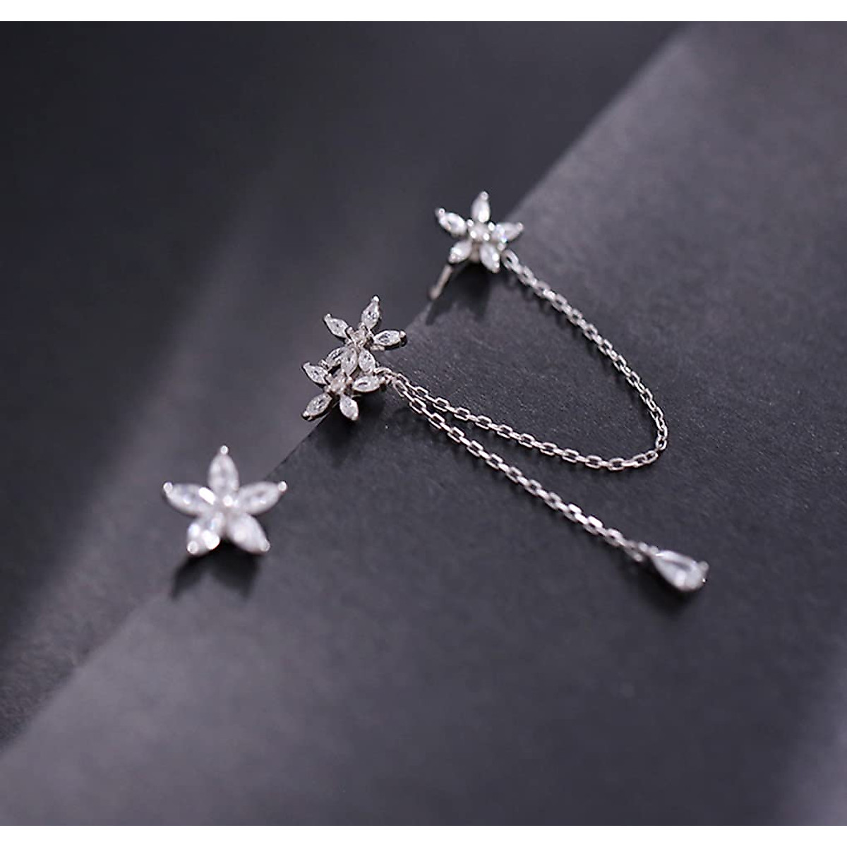 SLUYNZ 925 Sterling Silver Daisy Flowers Cuff Earrings Chain for Women Asymmetric CZ Daisy Earrings Crawler Earrings Dangling Chain (Asymmetric)