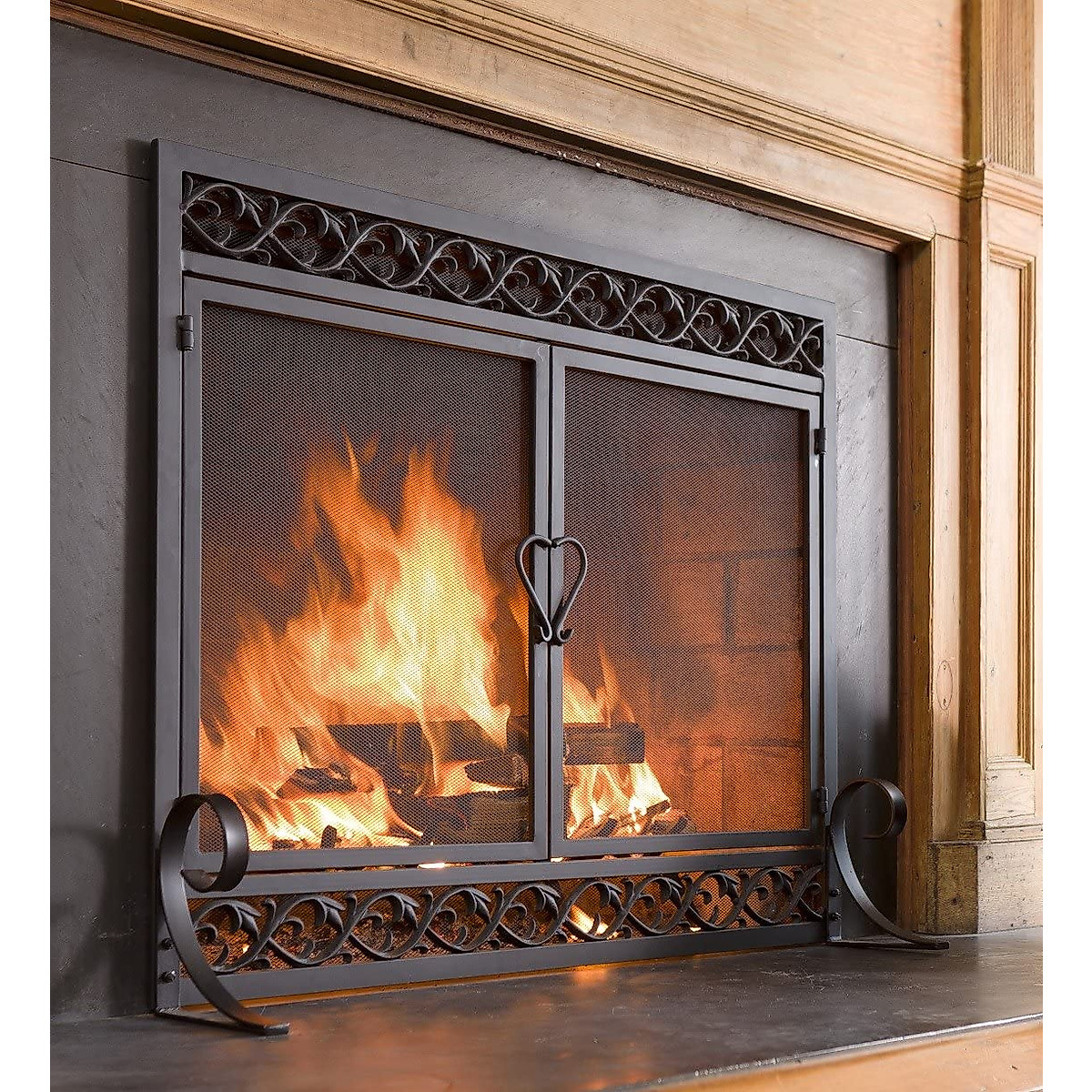 Plow & Hearth Metal Fireplace Screen Scrollwork Black | 44" W x 33" H | 2 Door | Spark Guard Grate | Fire Place Cover | Wood Burning Stove Accessories