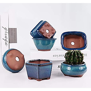 MUZHI 6PACK Glazed Bonsai Pot Planter 3" 4” Small Succulent Pots, Yixing Zisha Decorative Mame Bonsai Training Pot or Small Flower Cactus Starter Growing Planters Containers Blue