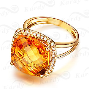 Fashion Women Yellow Citrine Gemstone Diamond Solid 14K Yellow Gold Natural Ring Settings Band Jewelry