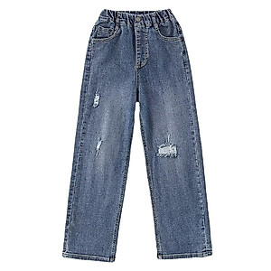 Sitmptol Teen Girl's High Waisted Straight Leg Ripped Jeans Washed Denim Pants with Pockets Wide Leg Blue Ripped 160 11-12 Years