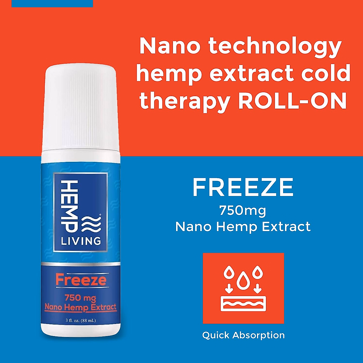 HEMP LIVING Freeze Nano Hemp Extract Roll On, Cold Therapy, Roll On for Muscles and Joint Strain, 3 oz Roll on Bottle (750 mg)