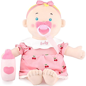 GAGAKU Lovely Baby Doll 12 inch, Soft Plush Doll for Girls Stuffed Huggable Doll Rag Cuddly Doll with Magic Magnetic Pacifier Simulated Baby Bottle for Kids