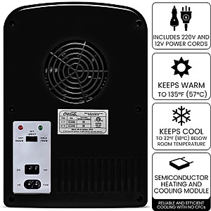 Coca-Cola Zero CZ04 4 Liter/4.2 Quarts 6 Can Portable Cooler/Mini Fridge, Beverages, Baby Food, Skincare and Medications-Use at Home, Office, Dorm, Car, RV or Boat-AC & DC Plugs Included, Black/Red