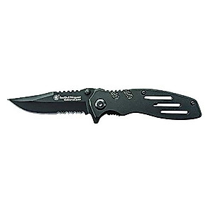 Smith & Wesson Extreme Ops SWA24S 7.1in S.S. Folding Knife with 3.1in Serrated Clip Point Blade and Aluminum Handle for Outdoor, Tactical, Survival and EDC,Black