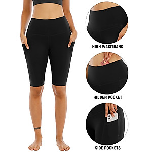 WHOUARE 4 Pack Biker Yoga Shorts with Pockets for Women,High Waisted Athletic Running Workout Gym Shorts Tummy Control,Black,Navy,Dark Gray,Burgundy,L