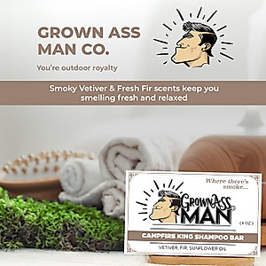 Grown Ass Man Co. - Solid Shampoo Bar Rich Lather 3 in 1: Hair, Beard & Body Wash - Plastic Free & Eco-Friendly, Natural & Organic Clean for All Hair Types, 4oz Bar (Campfire King, Single)