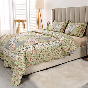 King Size Patchwork Quilt Set Green Floral Reversible Quilted Bedspread Coverlet Set 3-Piece Comforter Lightweight Stitched Quilt Bedding Set Bed Cover Blanket with 2 Pillow Shams for All Seasons
