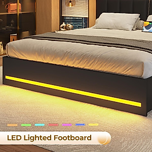 VIAGDO Queen Bed Frame with Bookcase Headboard, Wood Bed Frame Queen Size with Charging Station, 4 Storage Drawers and LED Lights, Upholstered Bed with Type-C and USB, No Box Spring Needed, Black