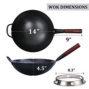 XEEYAYA Carbon Steel Wok Pan with Ring, Chinese Woks and Stir Fry Pans, 14" Large Hand Hammered Traditional Round Bottom Wok