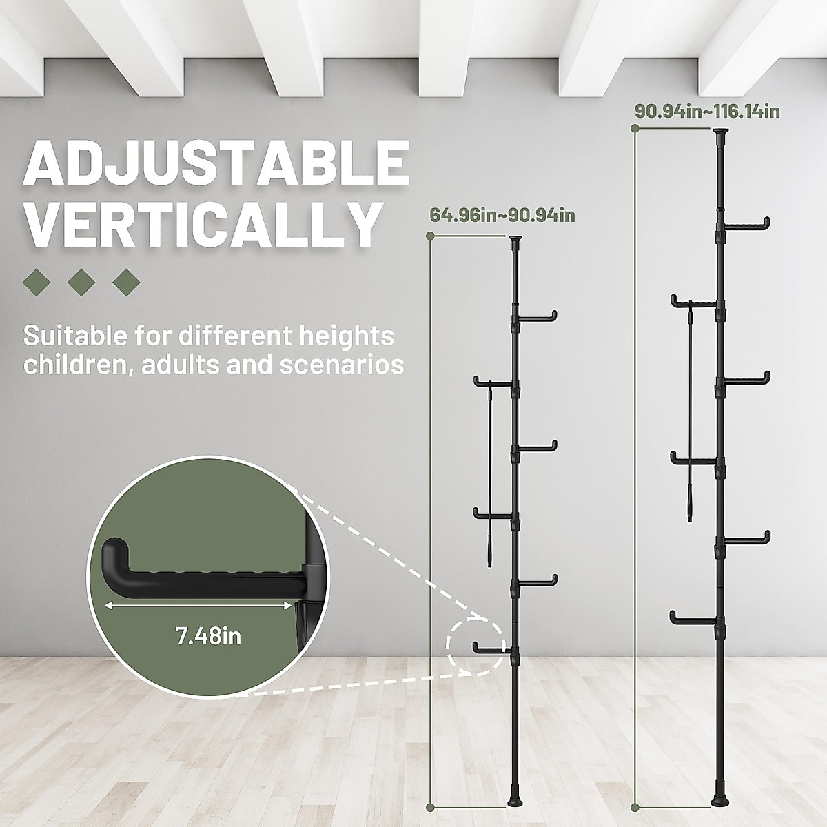 DYN Ptah Adjustable Coat Rack 65" to 116" with 6 Hooks, Freestanding Tension Rod Coat Hanger Floor to Ceiling, Heavy Duty Clothes Rack for Entryway, Living Room, Bedroom, Hanging Clothes, Hats, Bags