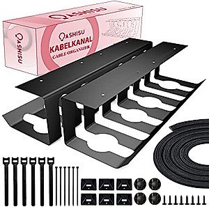 OASHISU 2Pack Under Desk Cable Management Tray in Steel with Cord Management Organizer Kit Cable Sleeves Cable Clips Holder Self Adhesive Tie Fastening Cable Ties for Office & Home Black Cable Raceway