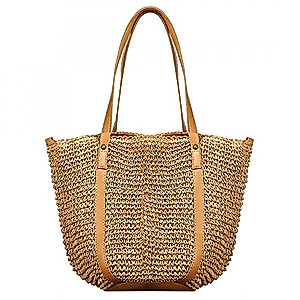 Round Straw Bag Handwoven Natural Summer Beach Shoulder Bag Rattan Crossbody Purse for Women (Khaki)